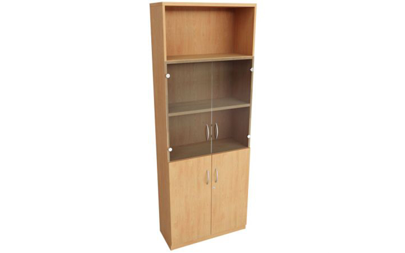 Four shelf with glass doors covering one shelf and wood doors covering ...